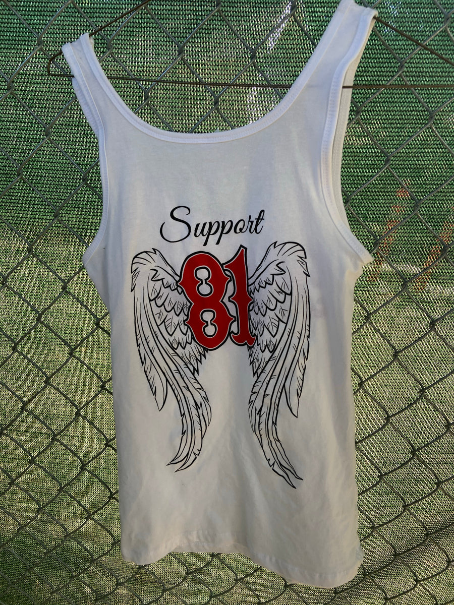 White tank with red writing and black outline – Richmondsupportgear81