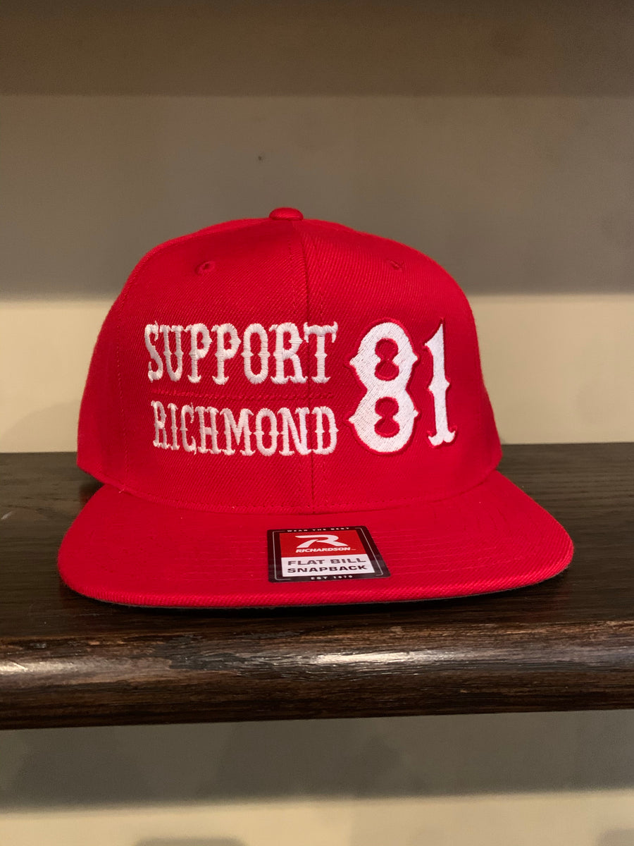 Red snap back with white writing – Richmondsupportgear81